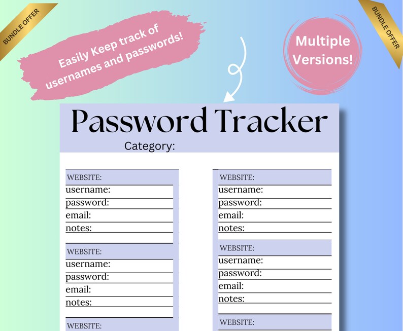 PASSWORD Form. Password List Sheet. Password Organizer. Subscription ...
