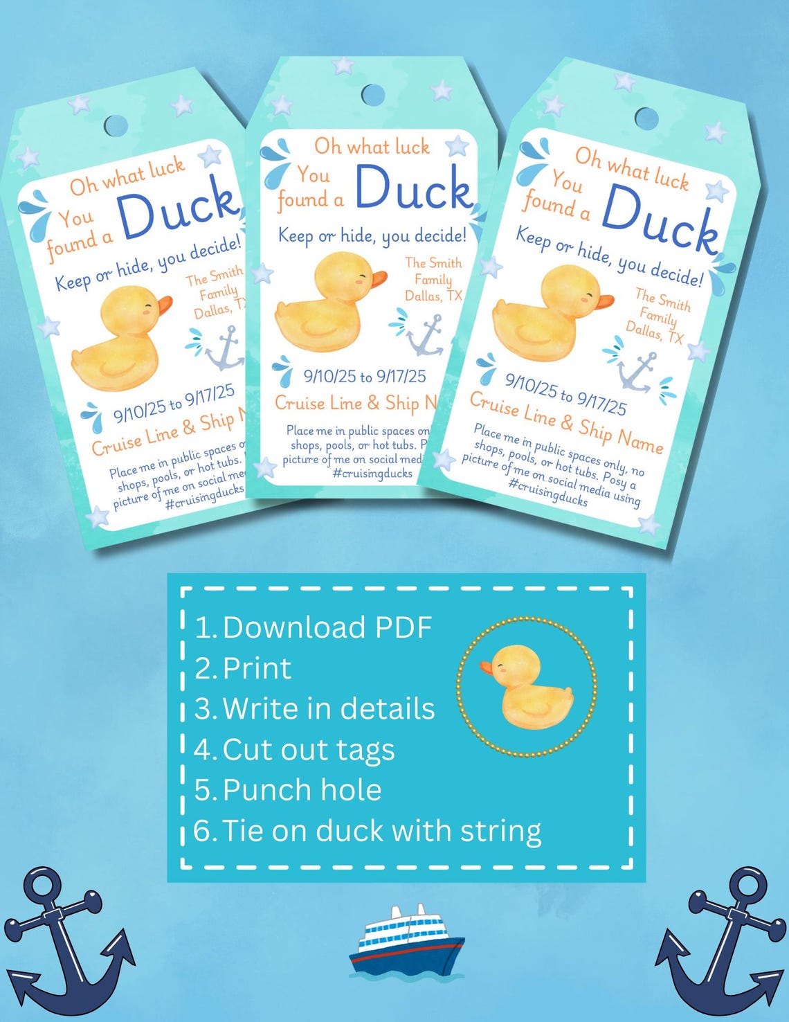 Editable Cruising Duck Tags, Printable Tags for Cruise Ship Ducks, DIY ...