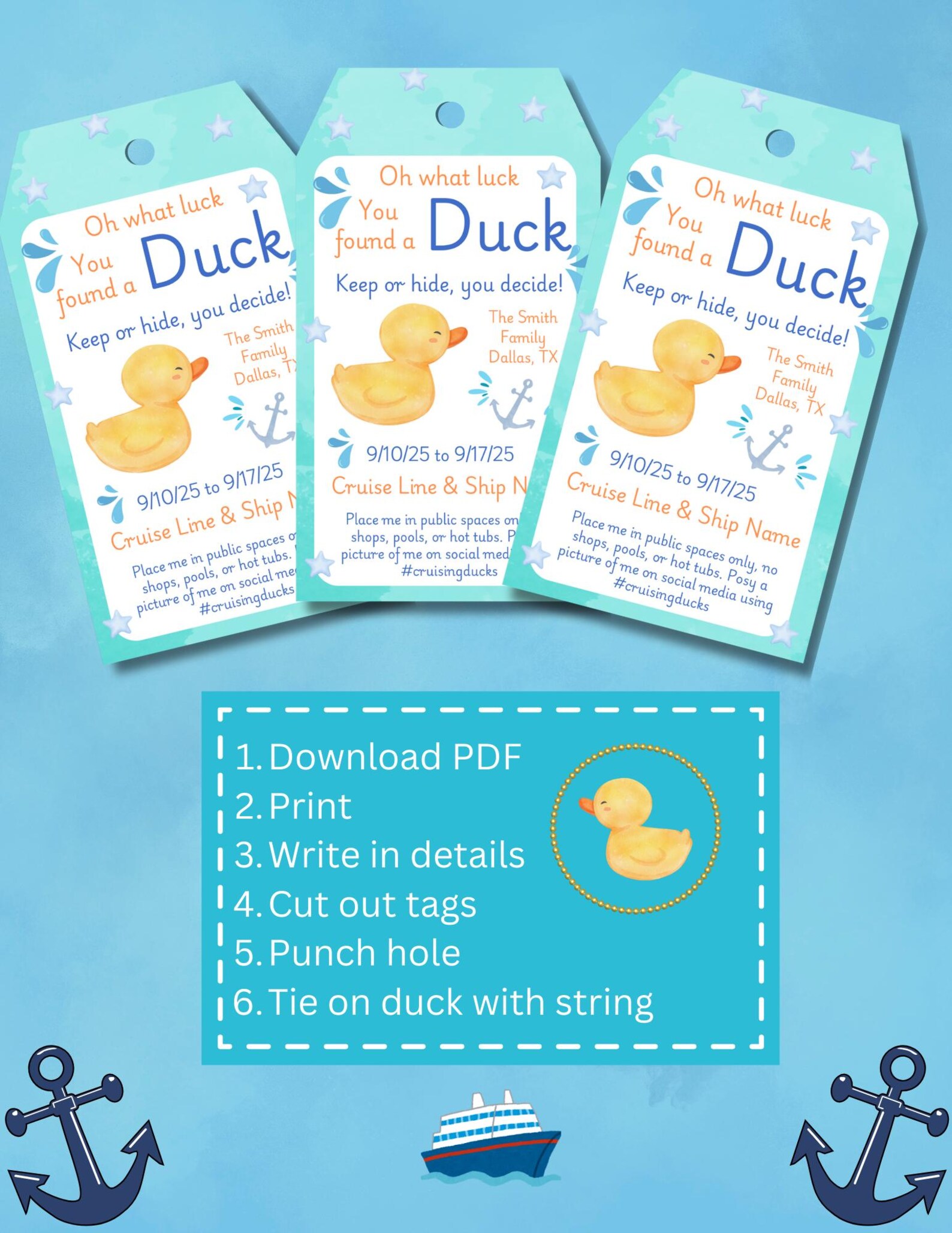 Editable Cruising Duck Tags, Printable Tags for Cruise Ship Ducks, DIY ...