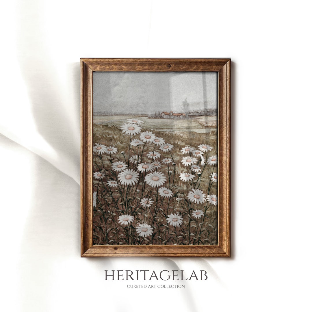 Vintage Daisy Painting, Vertical Landscape Wall Art Print for Modern ...