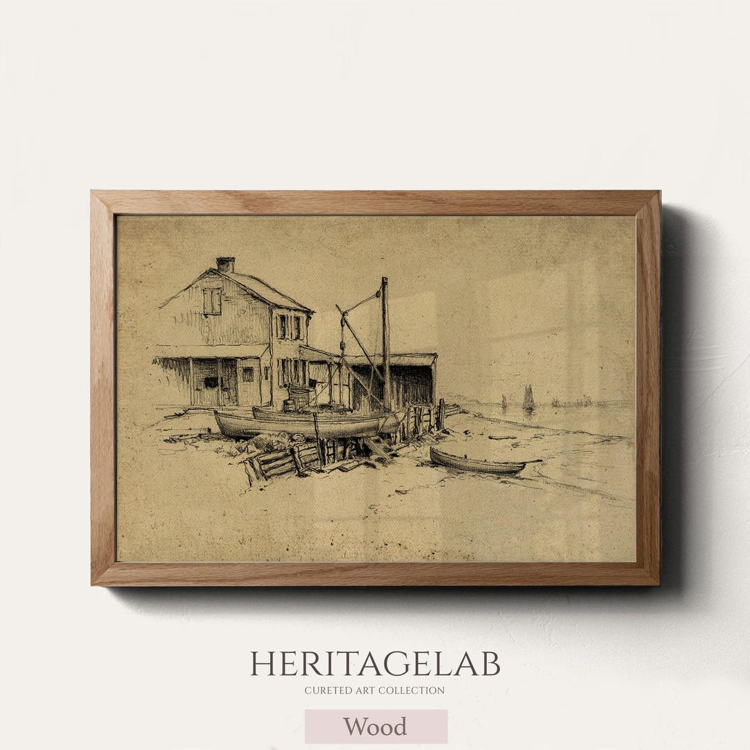 Landscape Etching Neutral Rustic Architecture Sketch Antique Wall Art ...