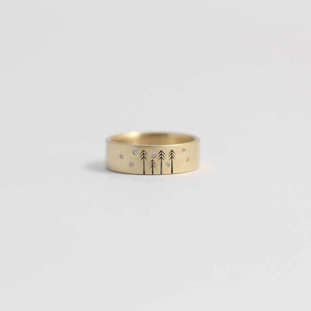 Yellow Gold Snow on Pines Diamond Engagement Ring: Handmade Wedding ...