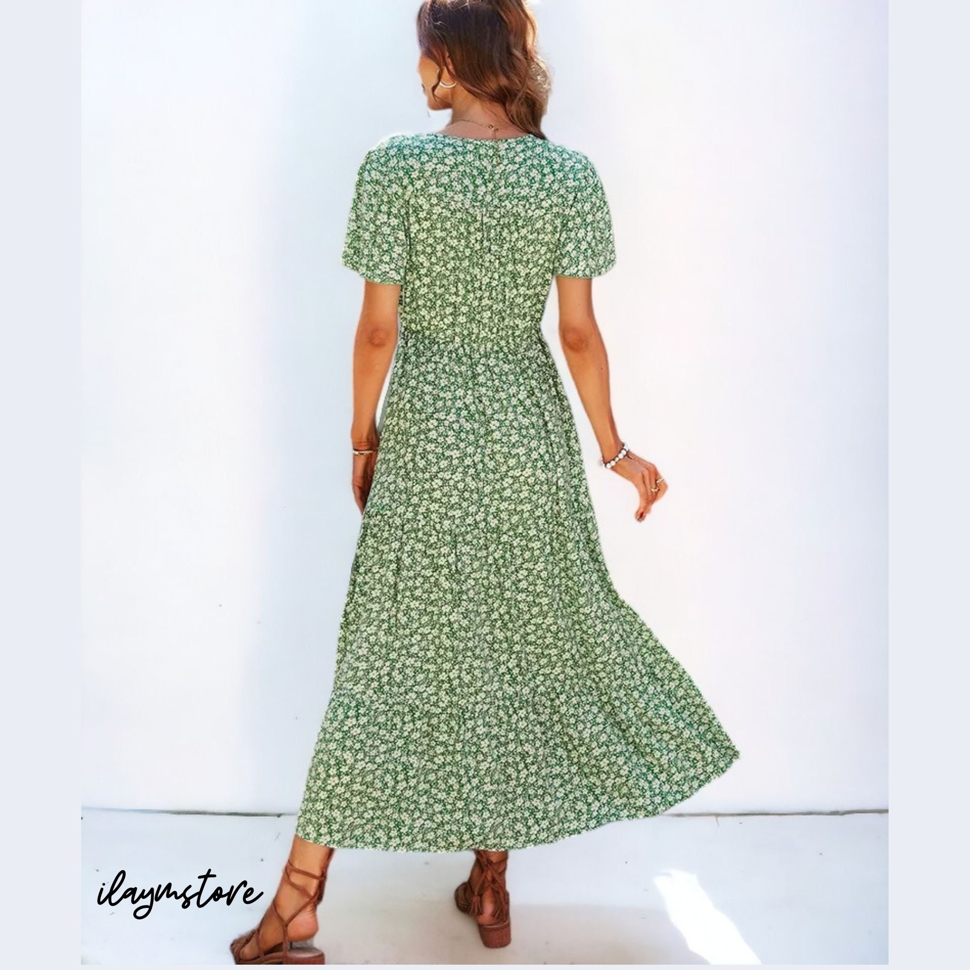Floral Summer Dress Green Floral Ladies Summer Dress Casual Midi ...