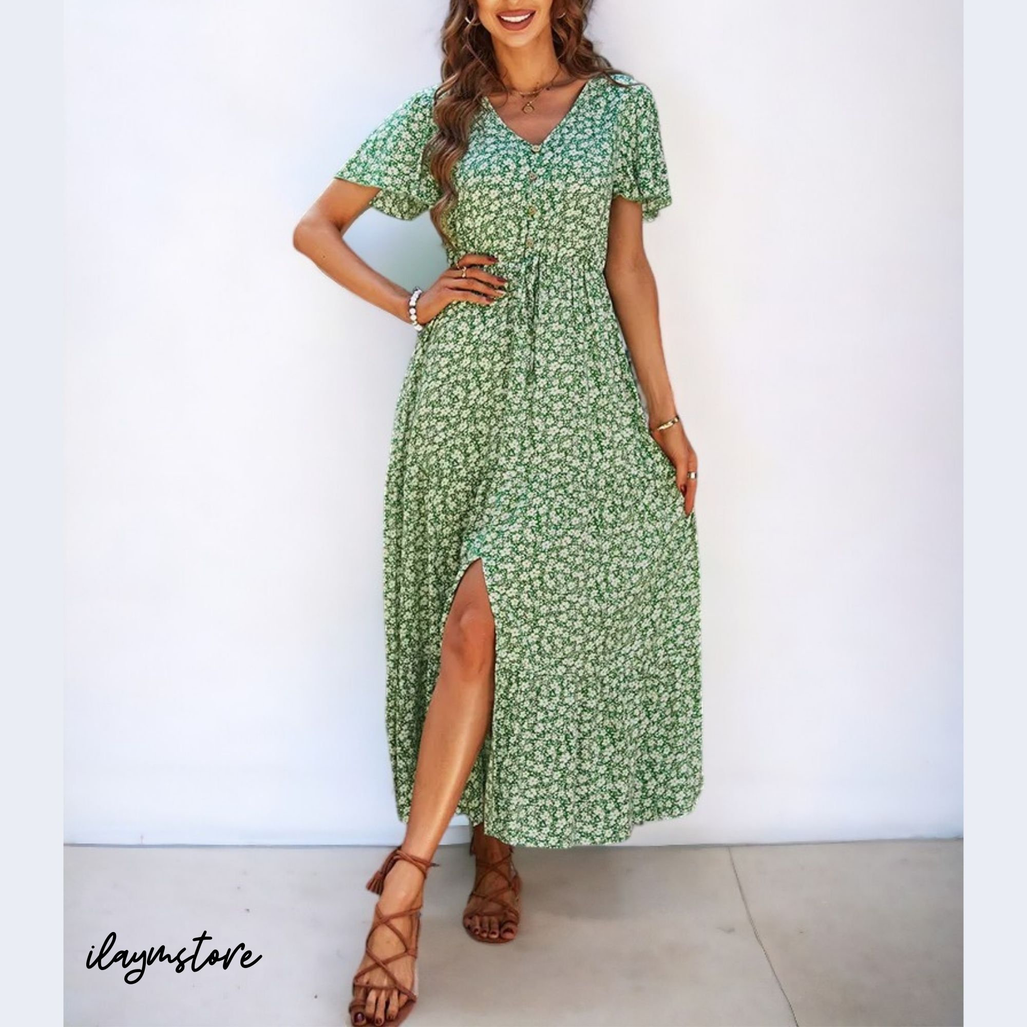Floral Summer Dress Green Floral Ladies Summer Dress Casual Midi ...