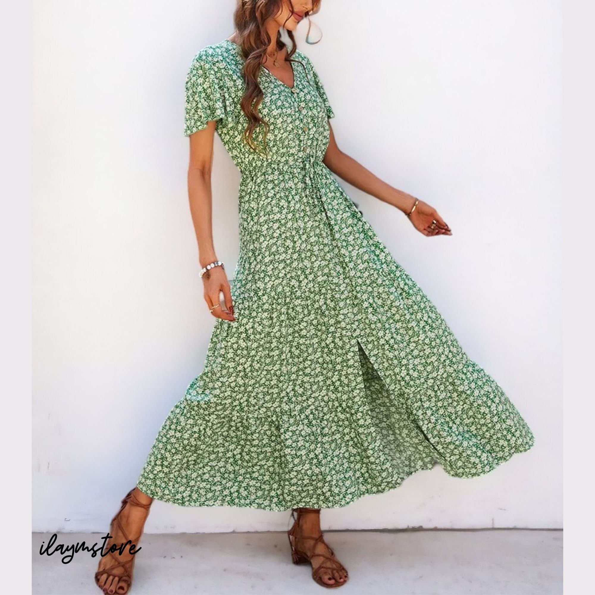 Floral Summer Dress Green Floral Ladies Summer Dress Casual Midi ...