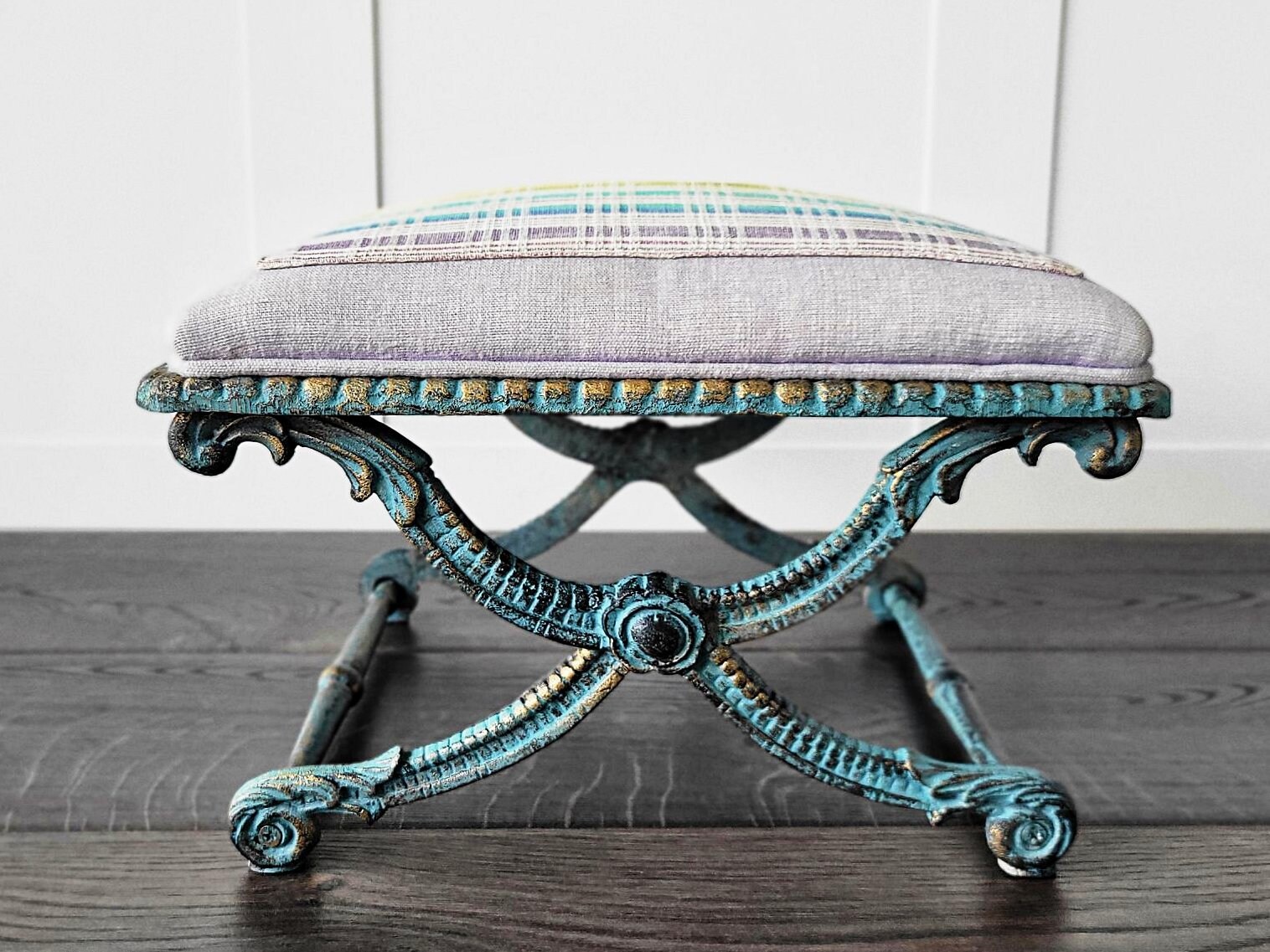 VTG X-form Footstool Heavy Cast Iron Base Colorful Fabric Upholstery ...