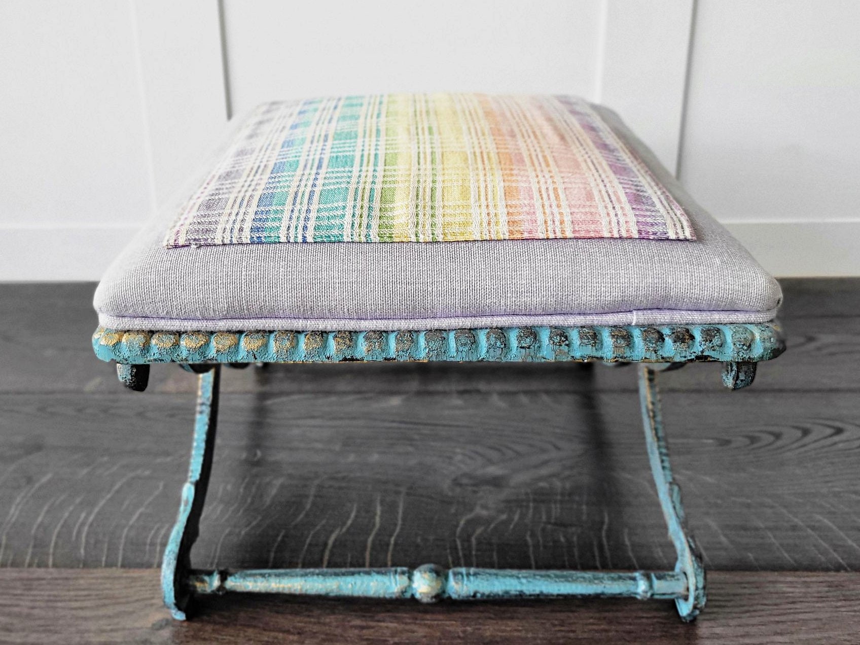 VTG X-form Footstool Heavy Cast Iron Base Colorful Fabric Upholstery ...