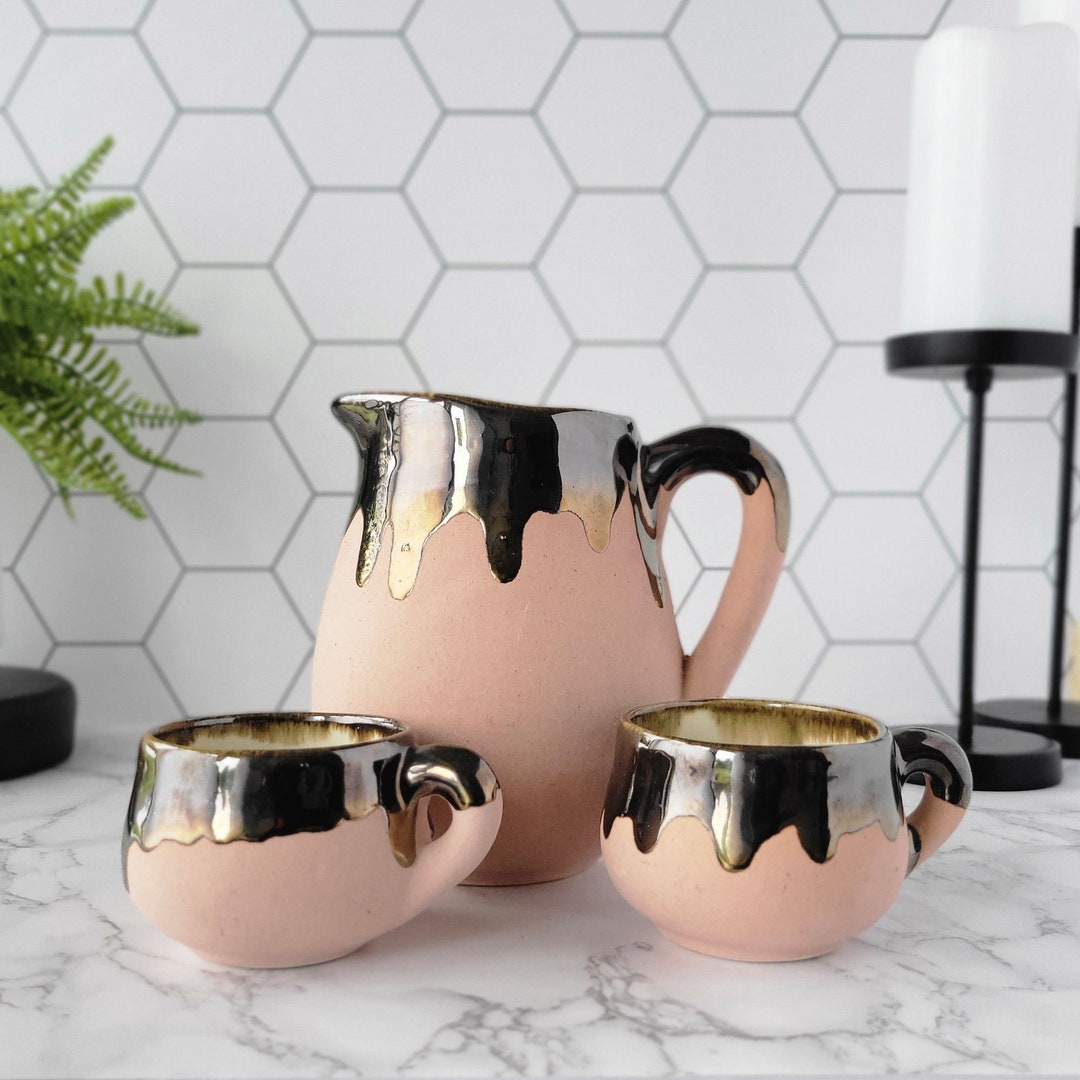Studio Art Pottery Pitcher Cup Set Textured Pink Metallic Brown Drip ...