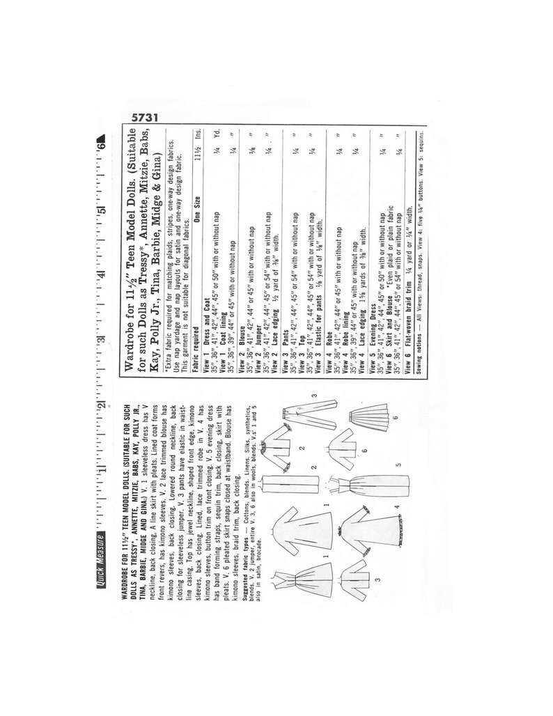 1960's 11 1/2 Inch Doll Sewing Pattern Simplicity 5731 - PDF - Etsy