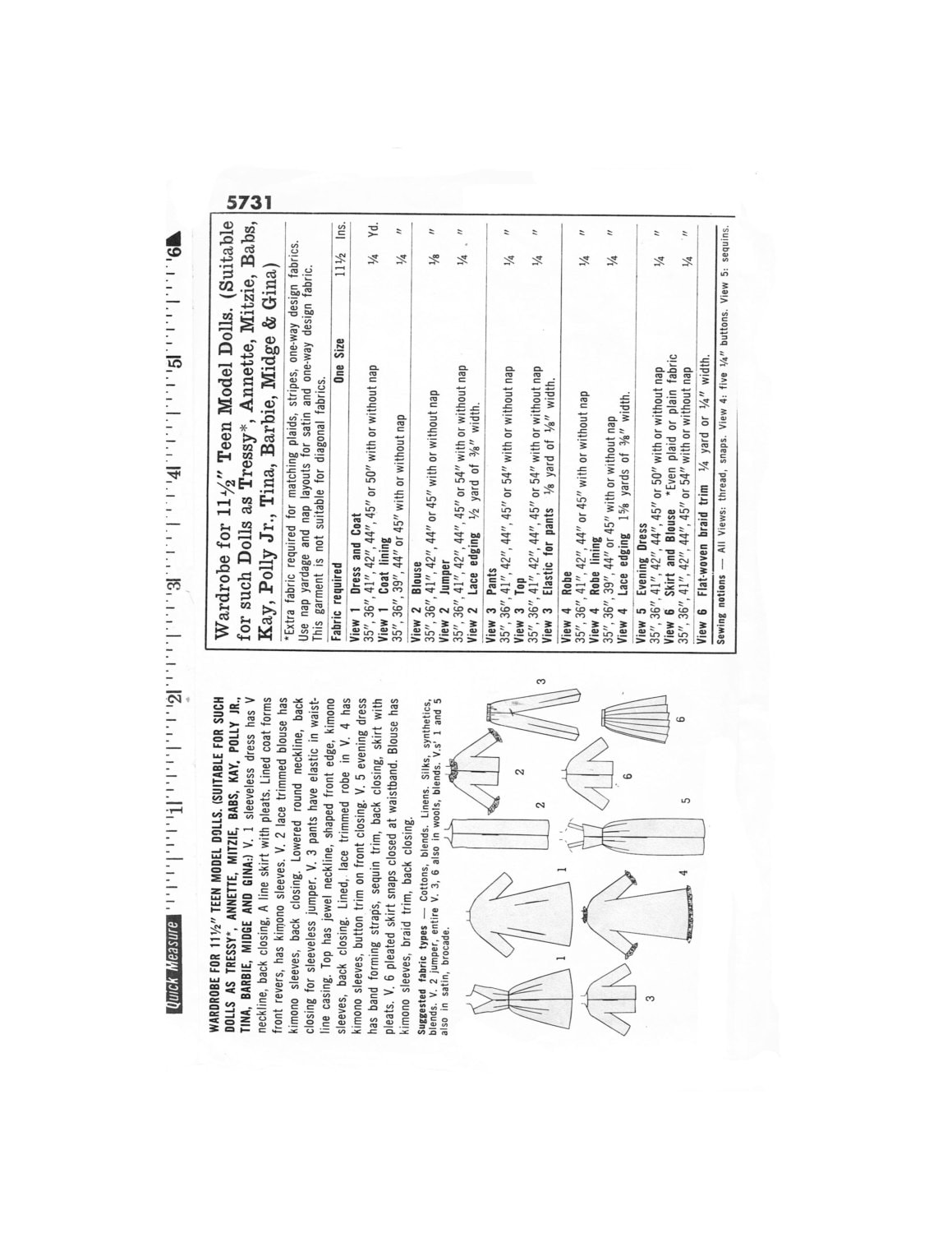 1960's 11 1/2 Inch Doll Sewing Pattern Simplicity 5731 - PDF - Etsy