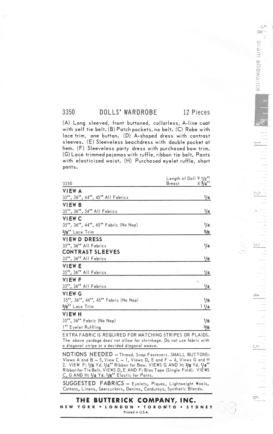 Butterick 3350 PDF Doll Sewing Pattern for 9 1/2 Inch Dolls - Etsy