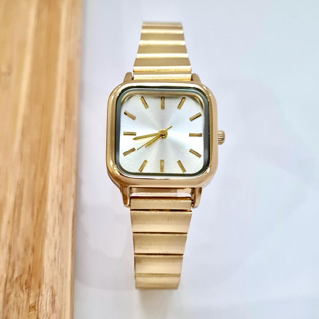 Gold Colour Women Wrist Watch, Gold Colour Band, Square Design, Silver ...