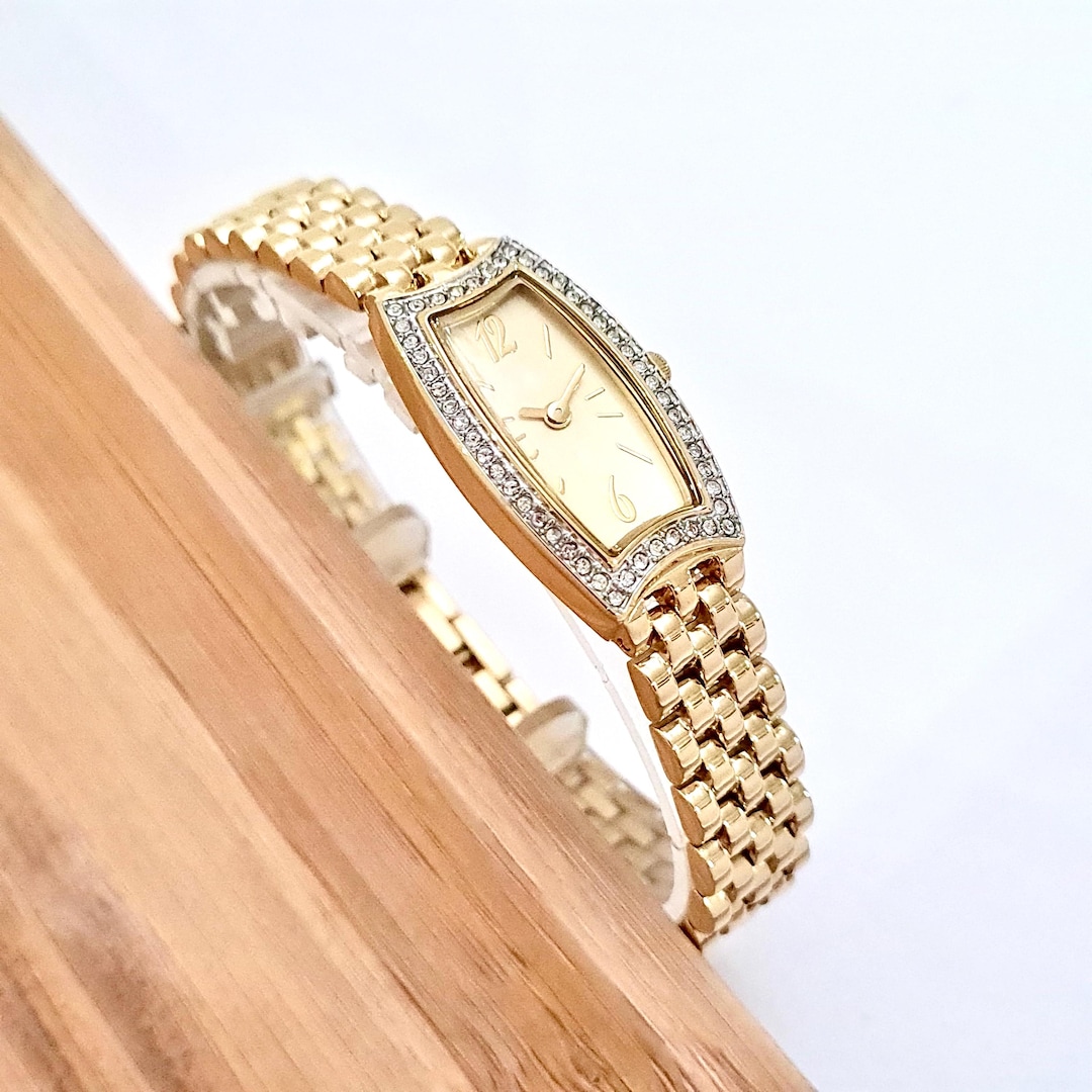 Gold Colour Women Wrist Watch, Case With Zirconia Stones, Gold Dial ...