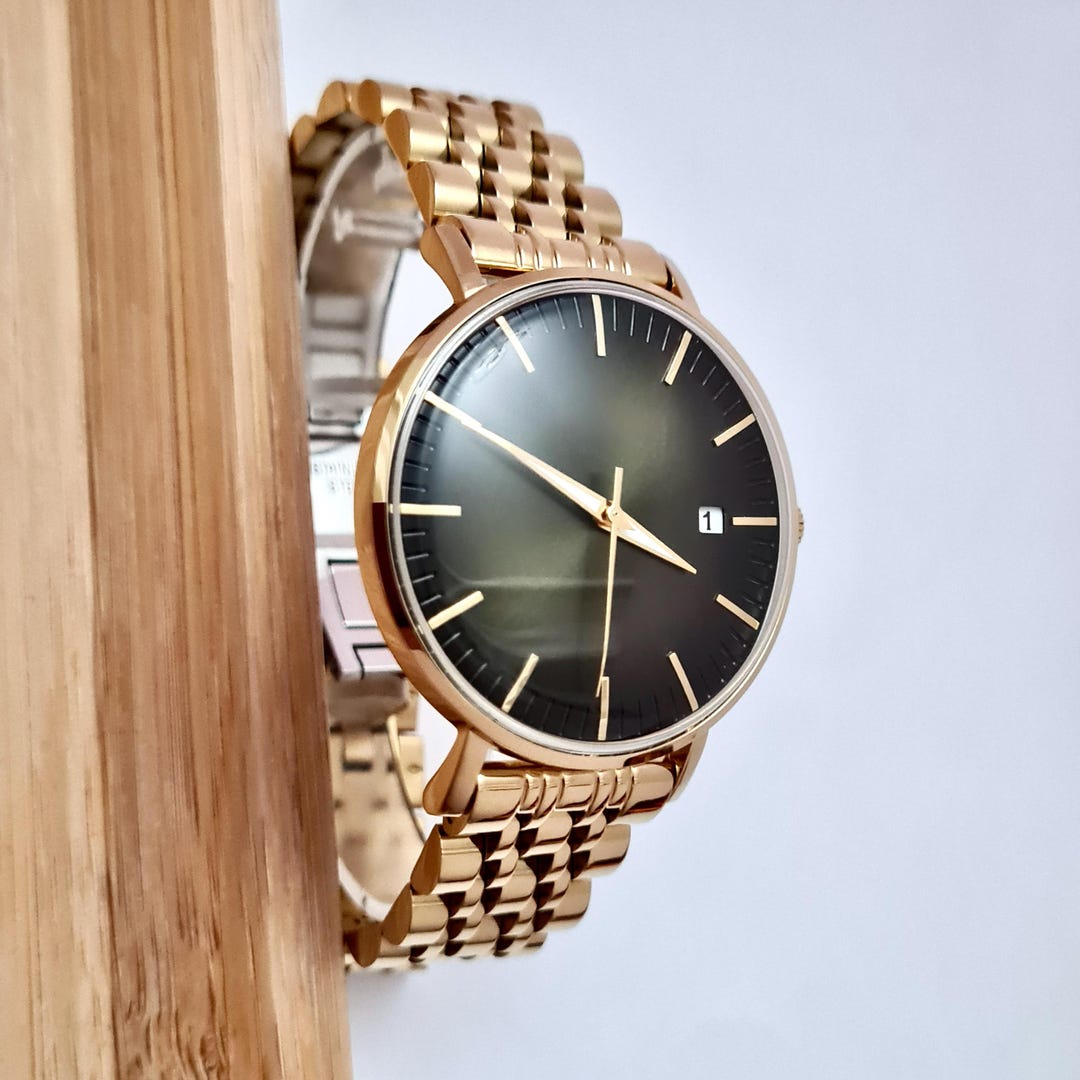Unisex Gold Wrist Watch, Green Dial, Gold Stick Indexes on Dial, Watch ...