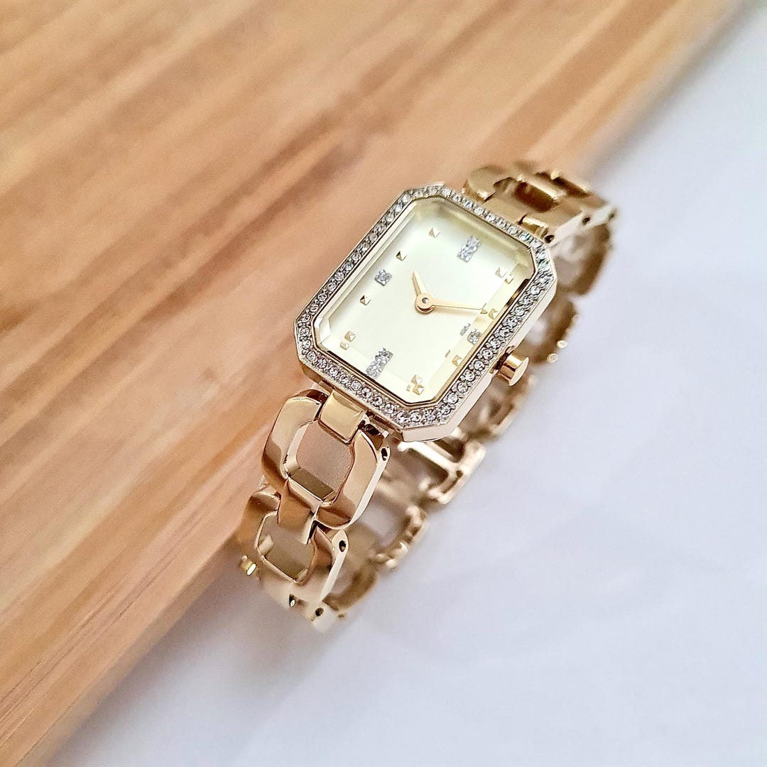 Gold Colour Women Wrist Watch, Case With Zirconia Stones, White Dial ...