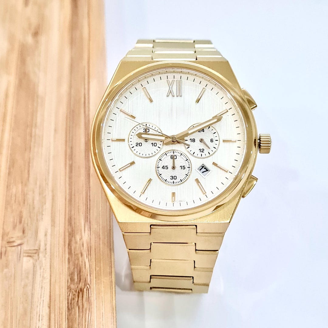 Unisex Gold Wrist Watch, White Dial, Gold Stick Indexes, Watch With ...