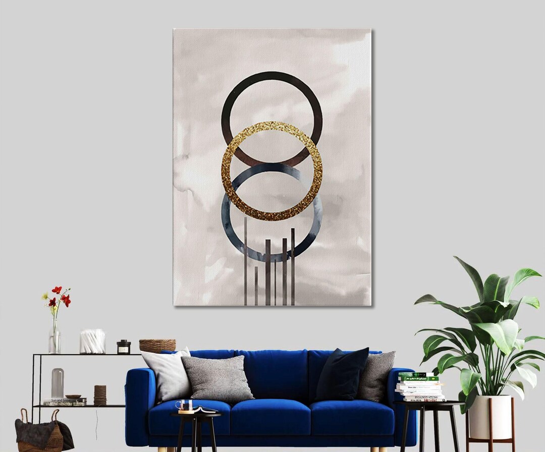 Large Abstract Circle Wall Art, Modern Black and Gold Geometric Canvas ...