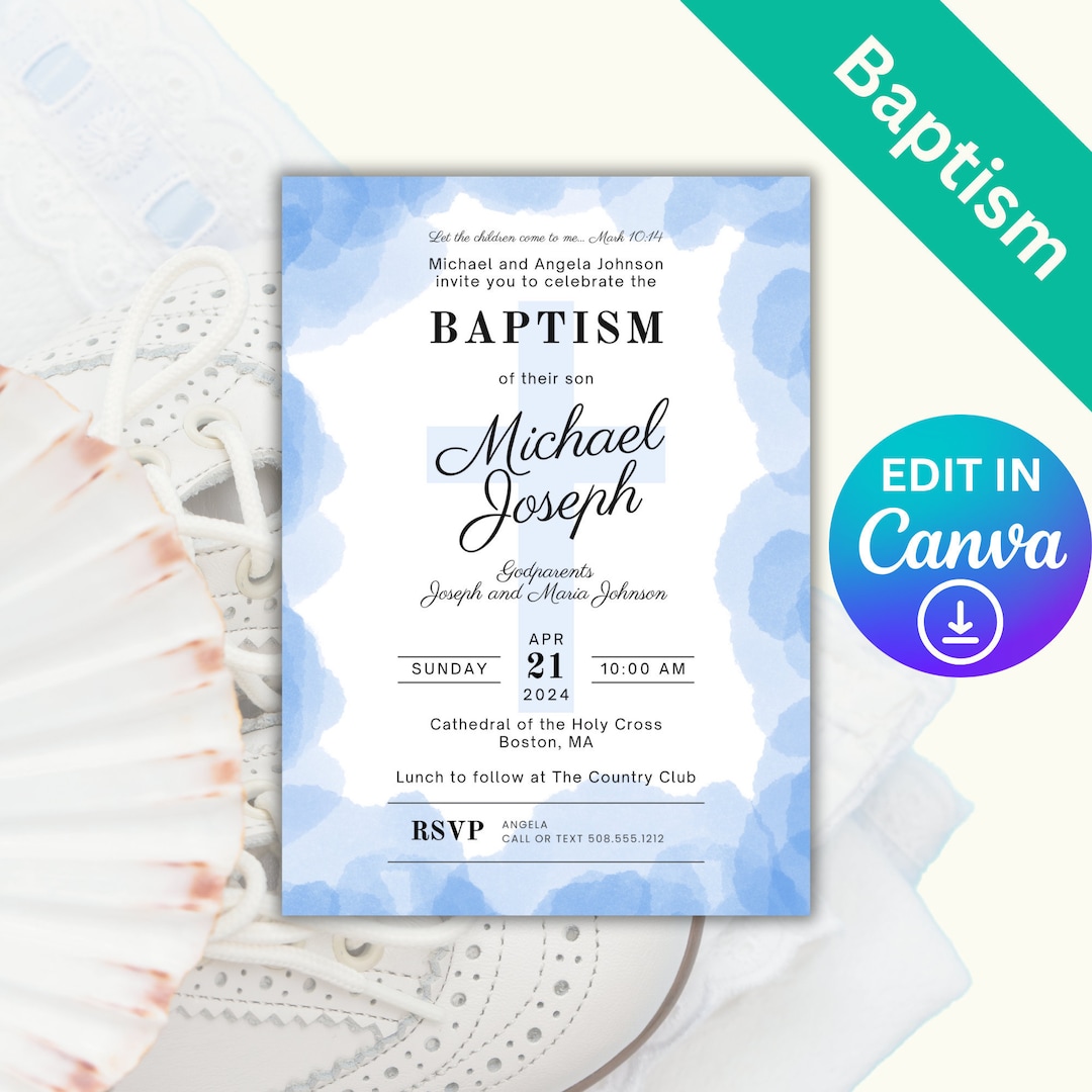 Simple Baptism Invitation Boy Instant Download, Blue Watercolor Cross ...