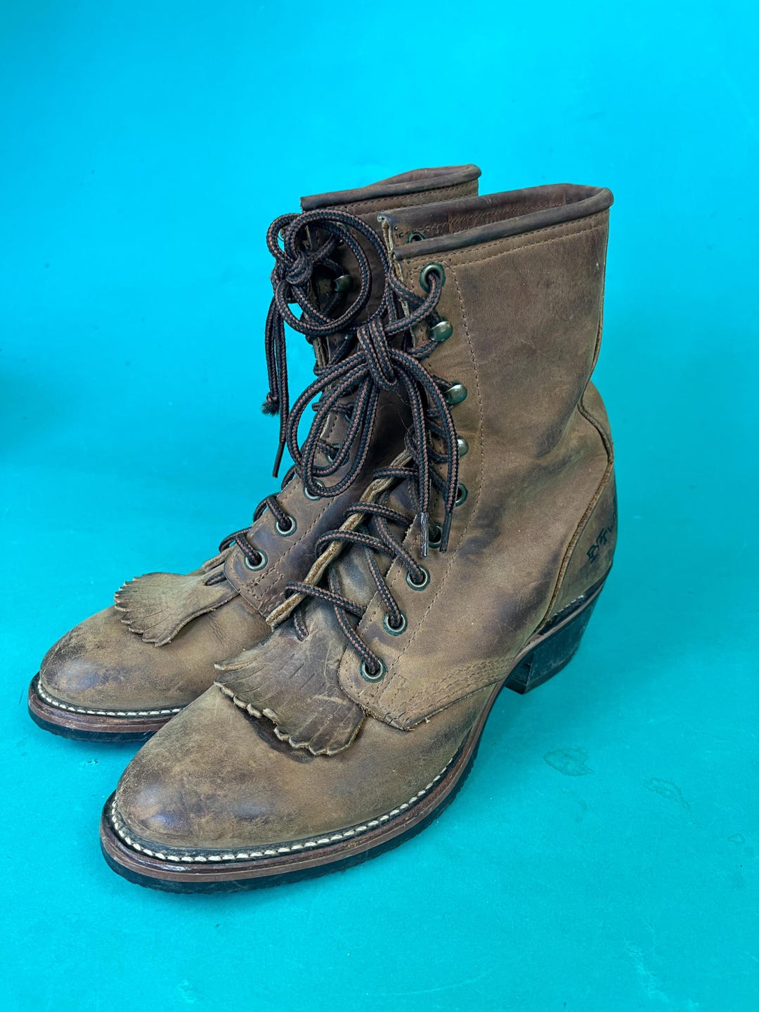 Vtg 90s DD Tuff Distressed Suede Fringe Lace up Boots Size 8 and a Half ...