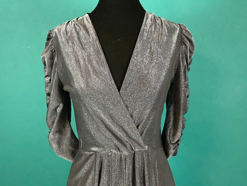 Metallic Silver Party Dress Vintage 70s Deep V Ruched Sleeve Ruffled ...