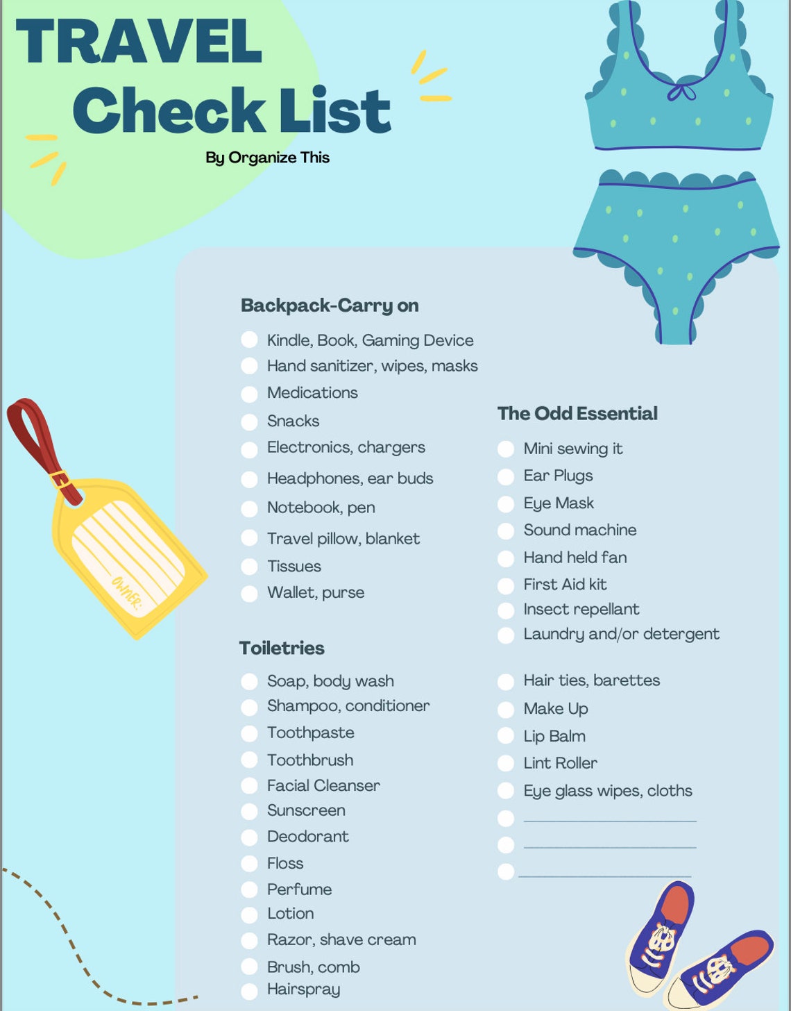 Travel Packing Checklist, Printable Travel Checklist, Editable Travel ...