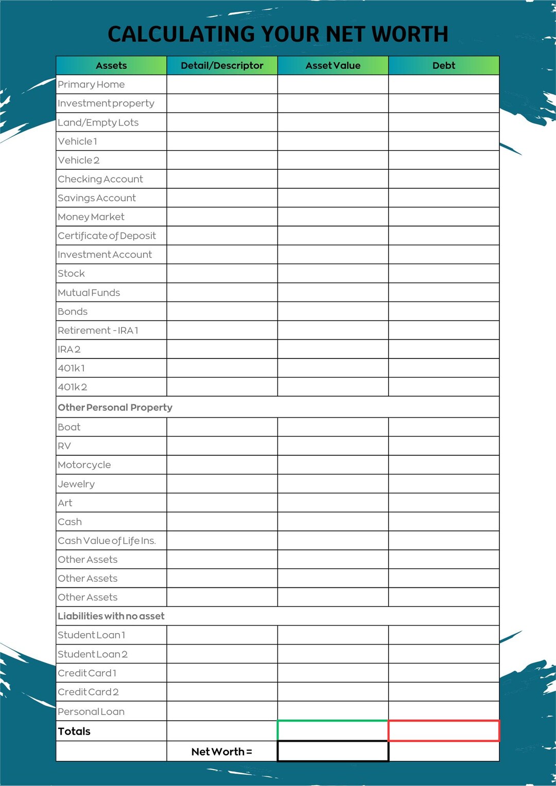 Net Worth Worksheet, Calculating Net Worth, Financial Organizing - Etsy