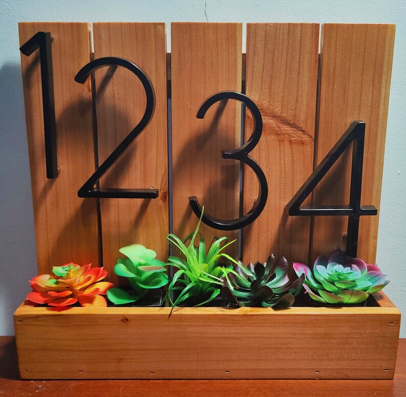 Handmade Cedar Address Sign With Planter Box 5 Metal Floating Numbers ...