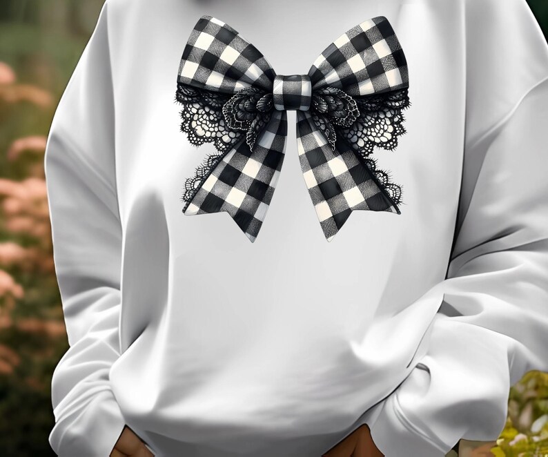 Black Lace Gingham Coquette Bow PNG, Black and White Ribbon Bow Png ...