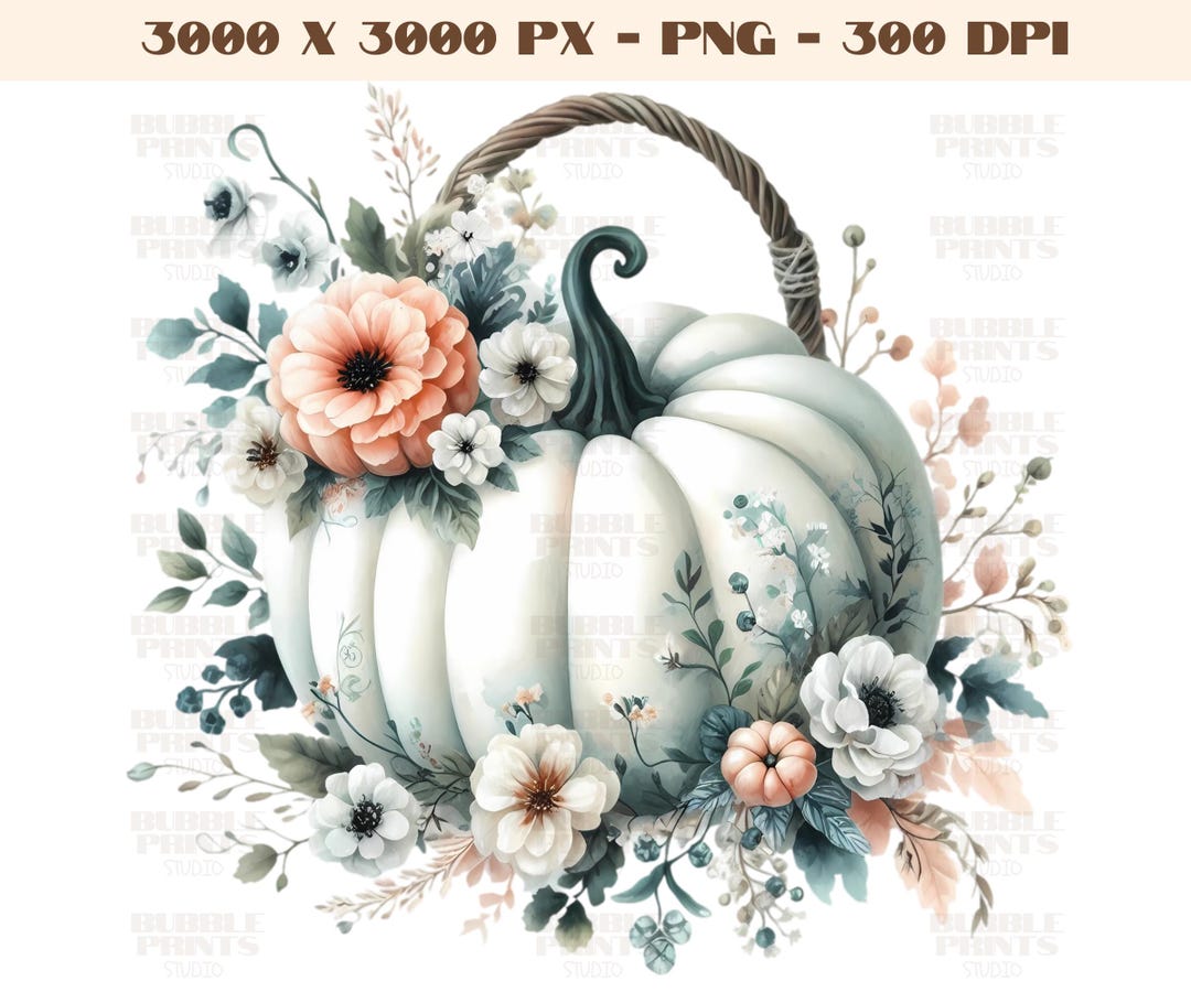 Boho Cottagecore White Floral Pumpkin PNG Design, Cottagecore Pumpkin ...