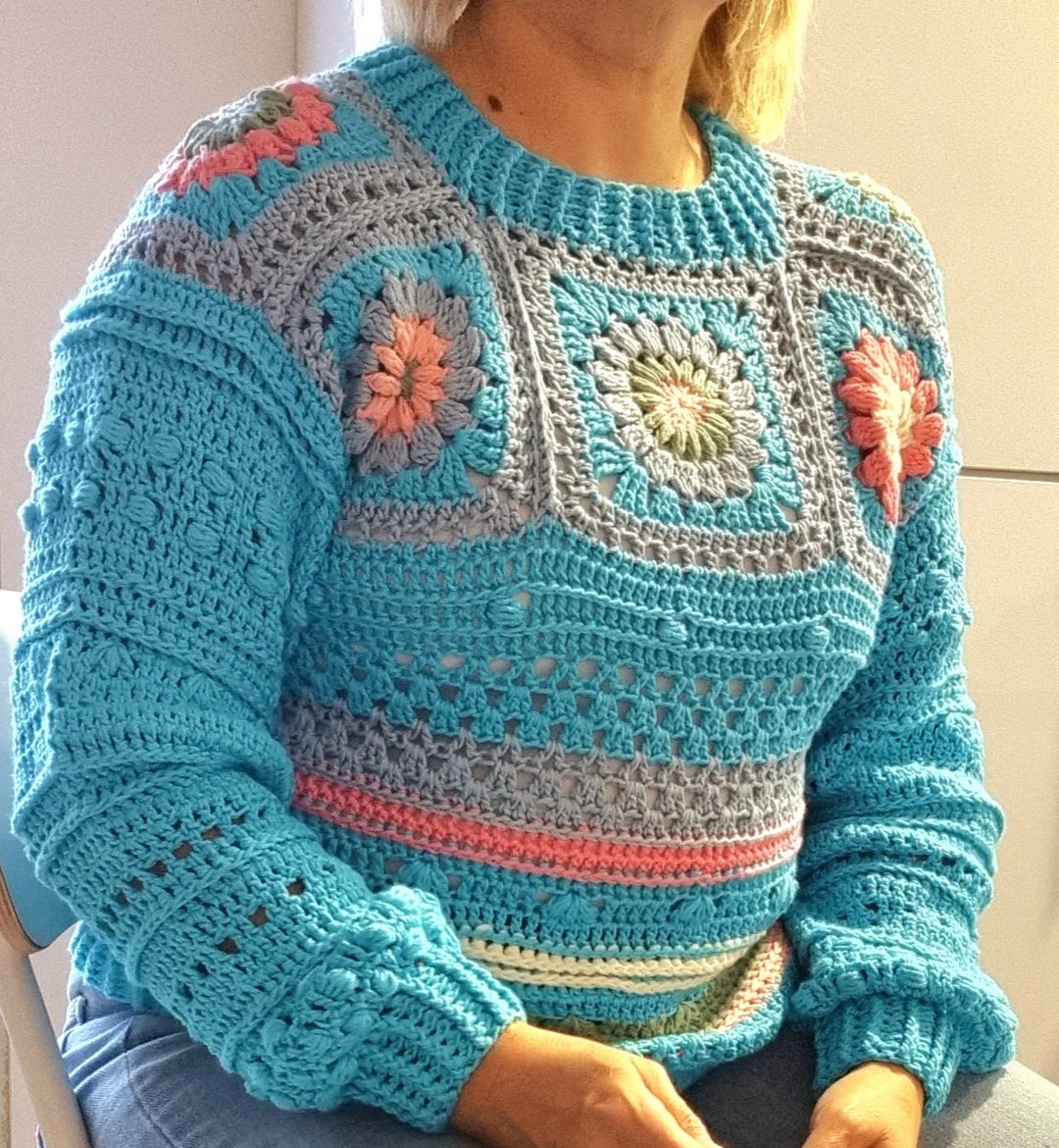 Artisanal Granny Square Crochet Sweater - Soft Organic Cotton ...