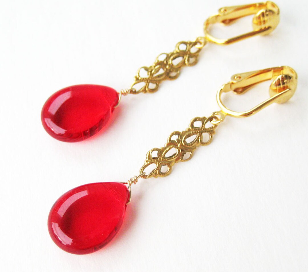 Red Teardrop Clip on Earrings: Brass Filigree, Gold Ear Clips, Fancy ...