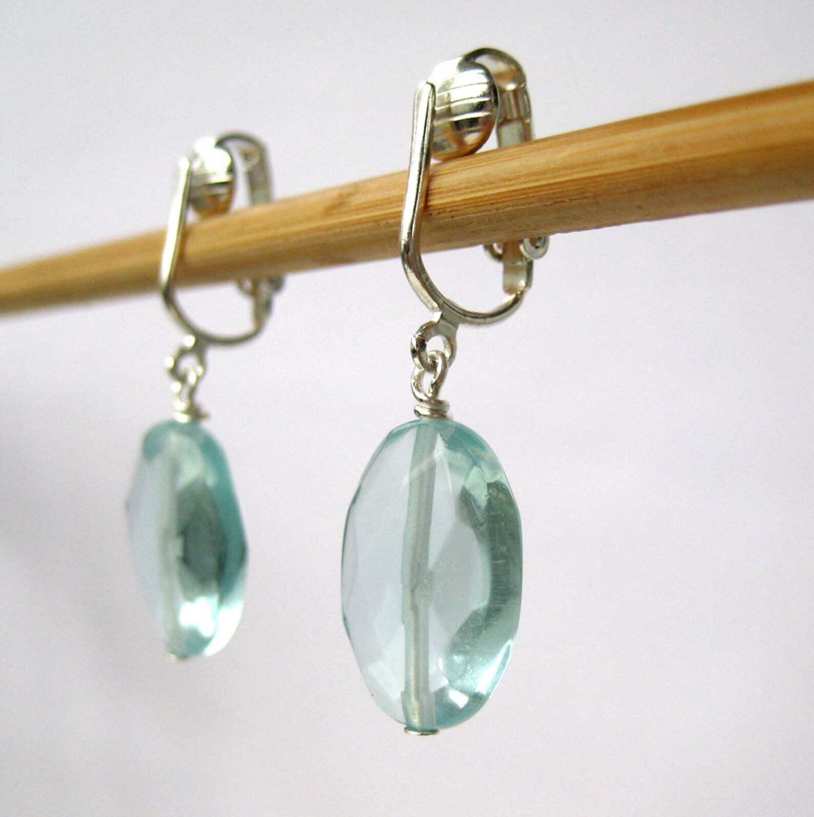 Pale Blue Glass Clip-on Earrings Light Aqua Faceted Oval | Etsy