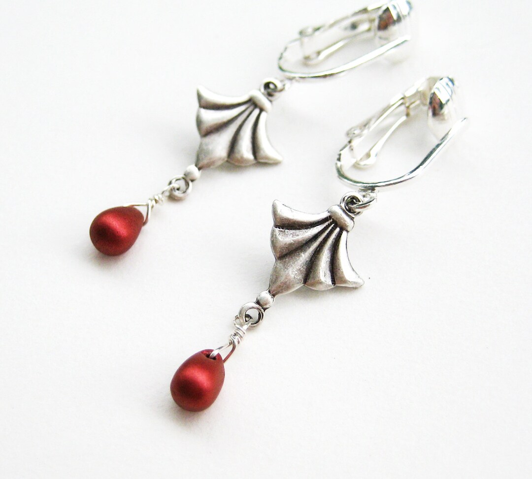 Red and Silver Clip on Earrings, Metallic Red Glass Teardrops, Silver ...