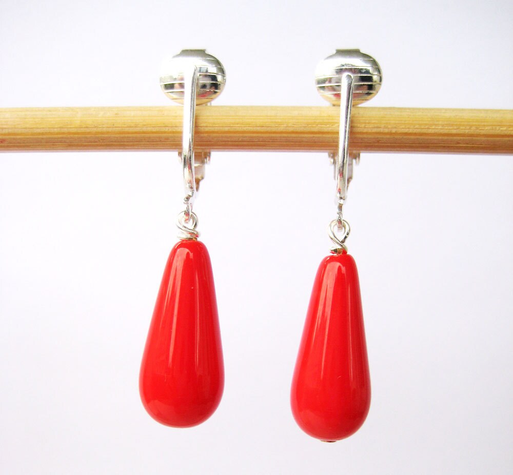 Red Teardrop Clip on Earrings: Silver Plated Glass Drops, Zola - Etsy