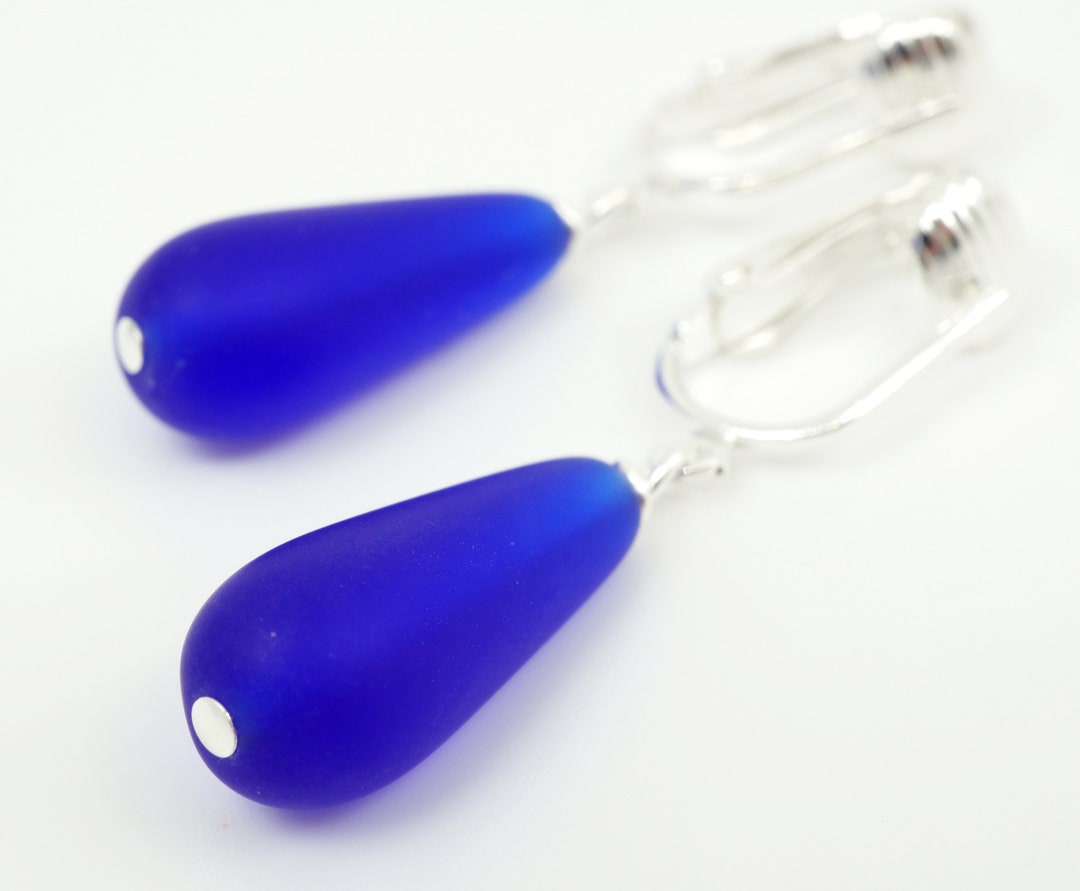 Matte Cobalt Blue Glass Drop Clip-on Earrings, Silver Ear Clips for Non ...
