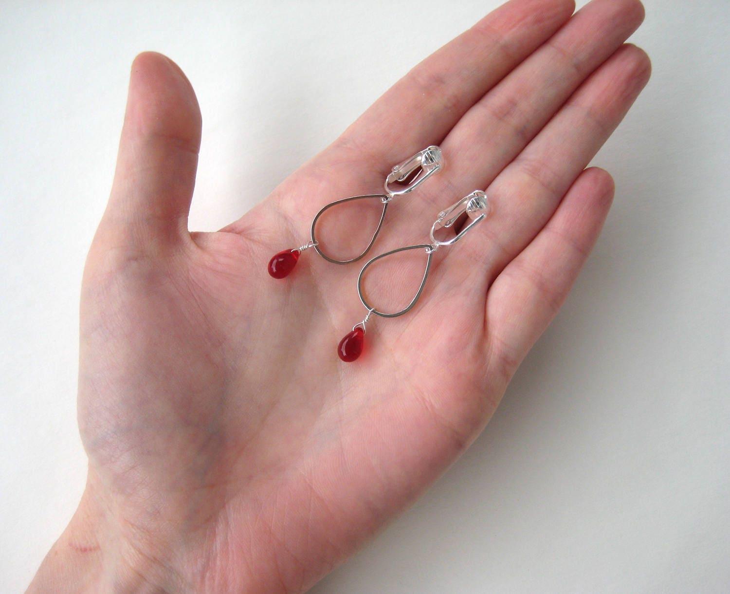 Cherry Red Teardrop Clip on Earrings Silver Drop Frame - Etsy