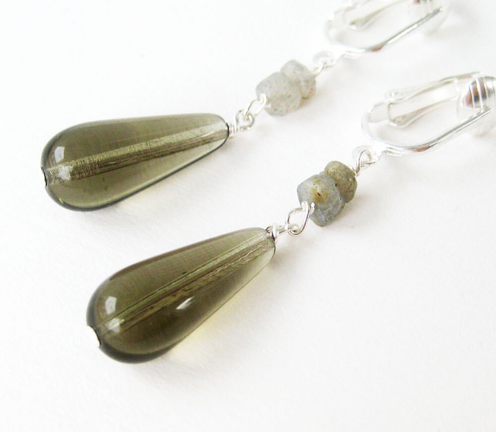 Gray Drop Dangle Clip-on Earrings Silver Ear Clips Smoky | Etsy