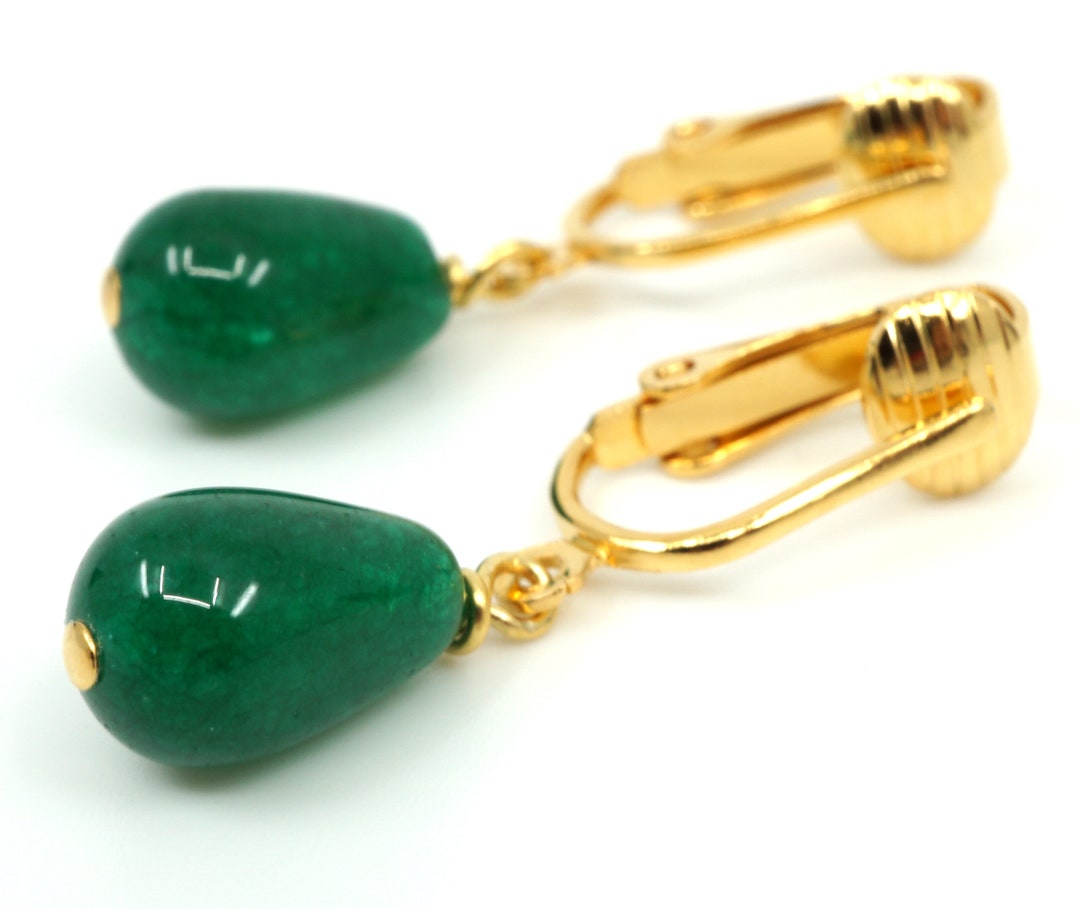 Emerald Green Jade Clip-on Earrings: Gold-plated Non Pierced, Leaf Bud ...