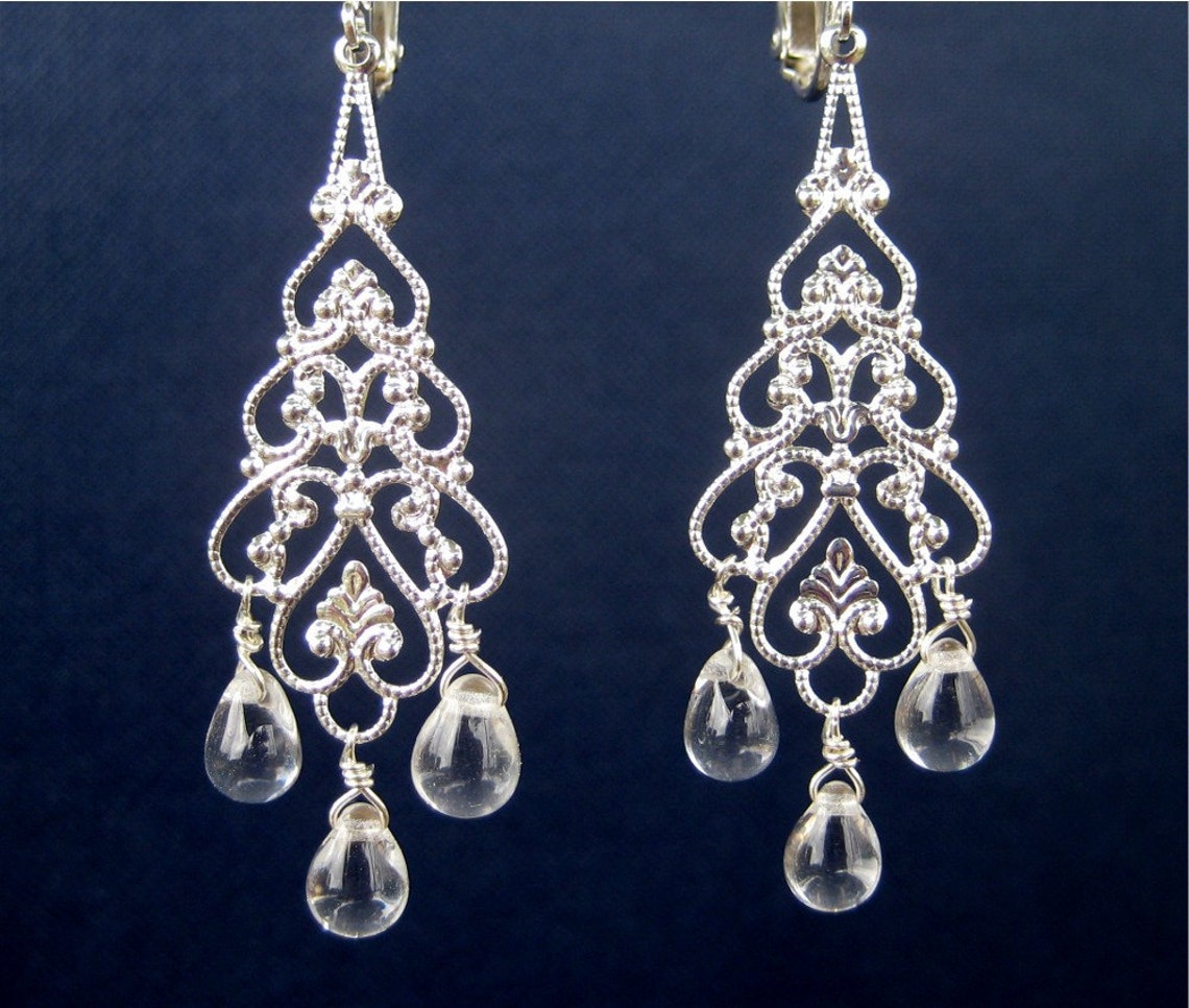 Silver Chandelier Clip on Earrings: Filigree Teardrop Formal Clipons ...