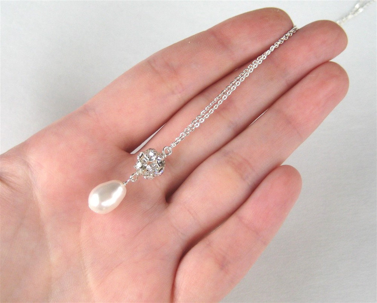 Pearl Drop Rhinestone Necklace 18 Inch Silver Chain Necklace | Etsy