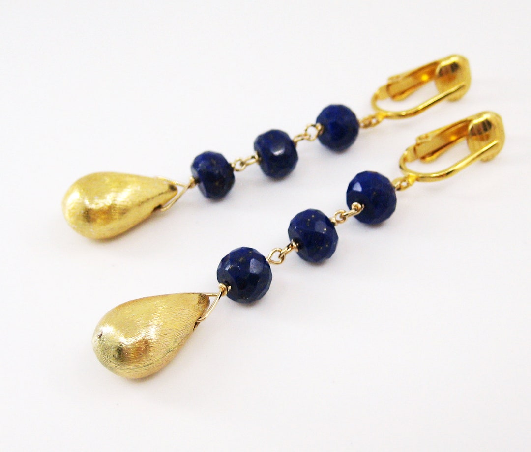 Lapis Clip on Earrings: Navy Blue & Gold Teardrop Dangle Clipons ...
