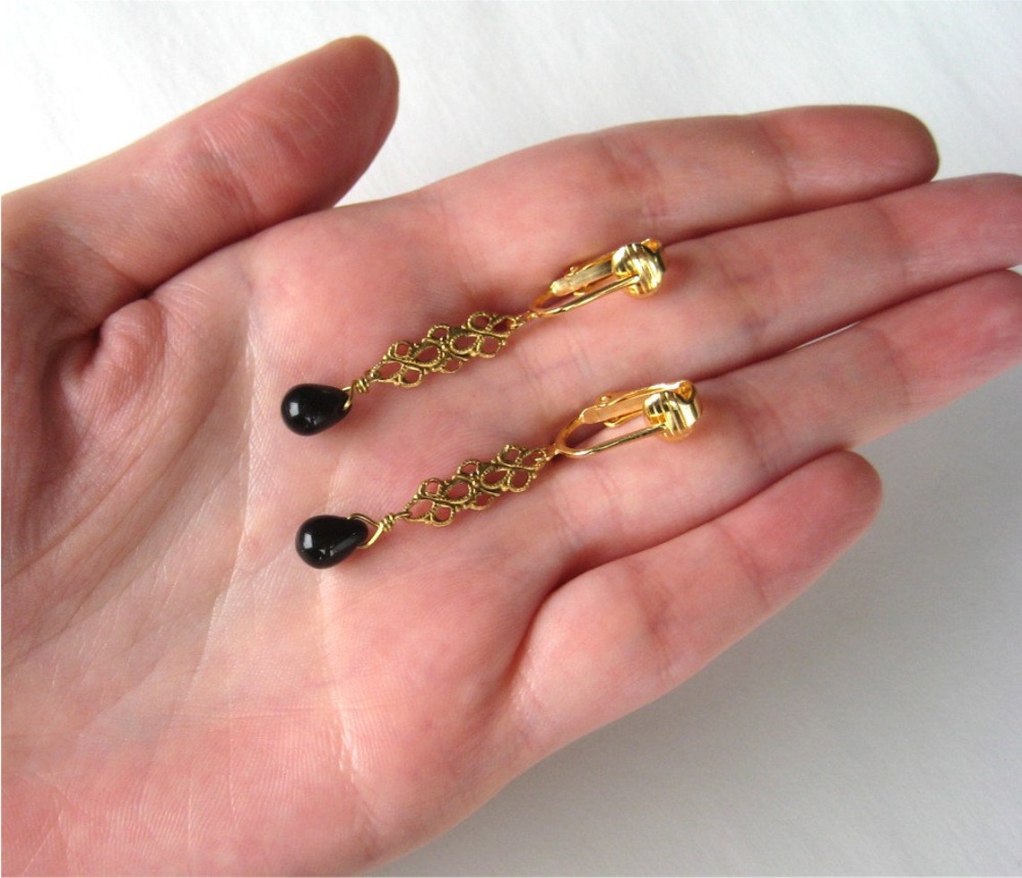 Black Dangle Clip on Earrings Brass Filigree Gold Ear Clips | Etsy