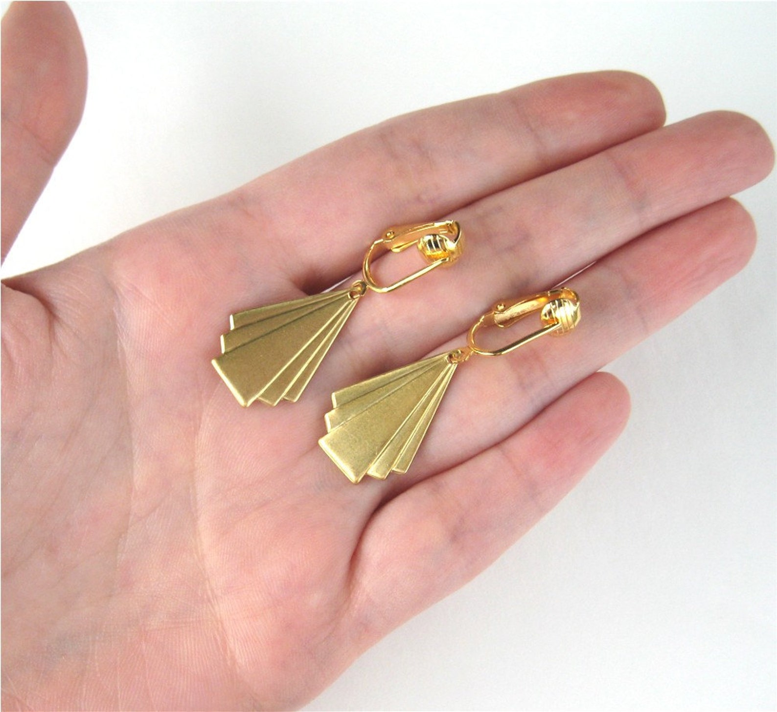 Curtain Fold Clip on Earrings Gold Ear Clips Brass Dangle | Etsy