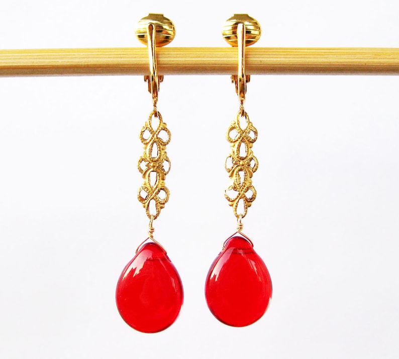 Red Teardrop Clip on Earrings: Brass Filigree, Gold Ear Clips, Fancy ...