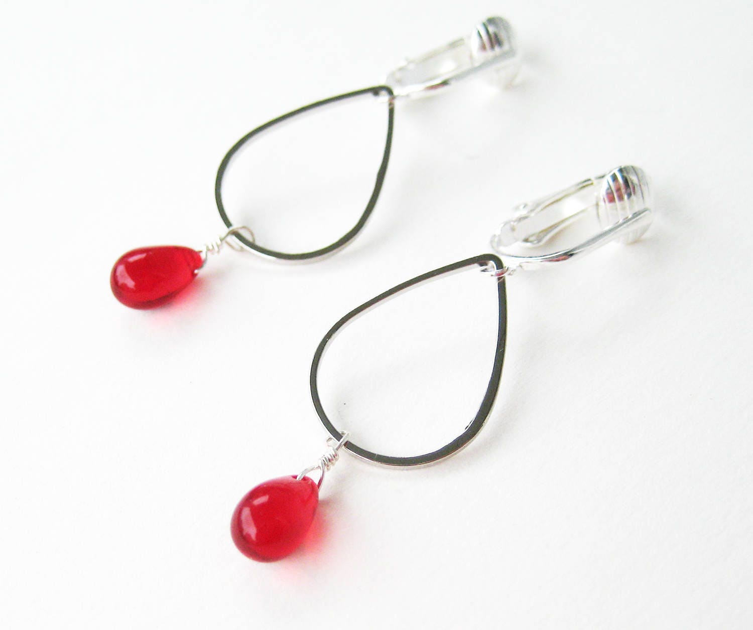 Cherry Red Teardrop Clip on Earrings Silver Drop Frame - Etsy
