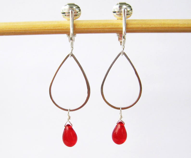 Cherry Red Teardrop Clip on Earrings Silver Drop Frame | Etsy