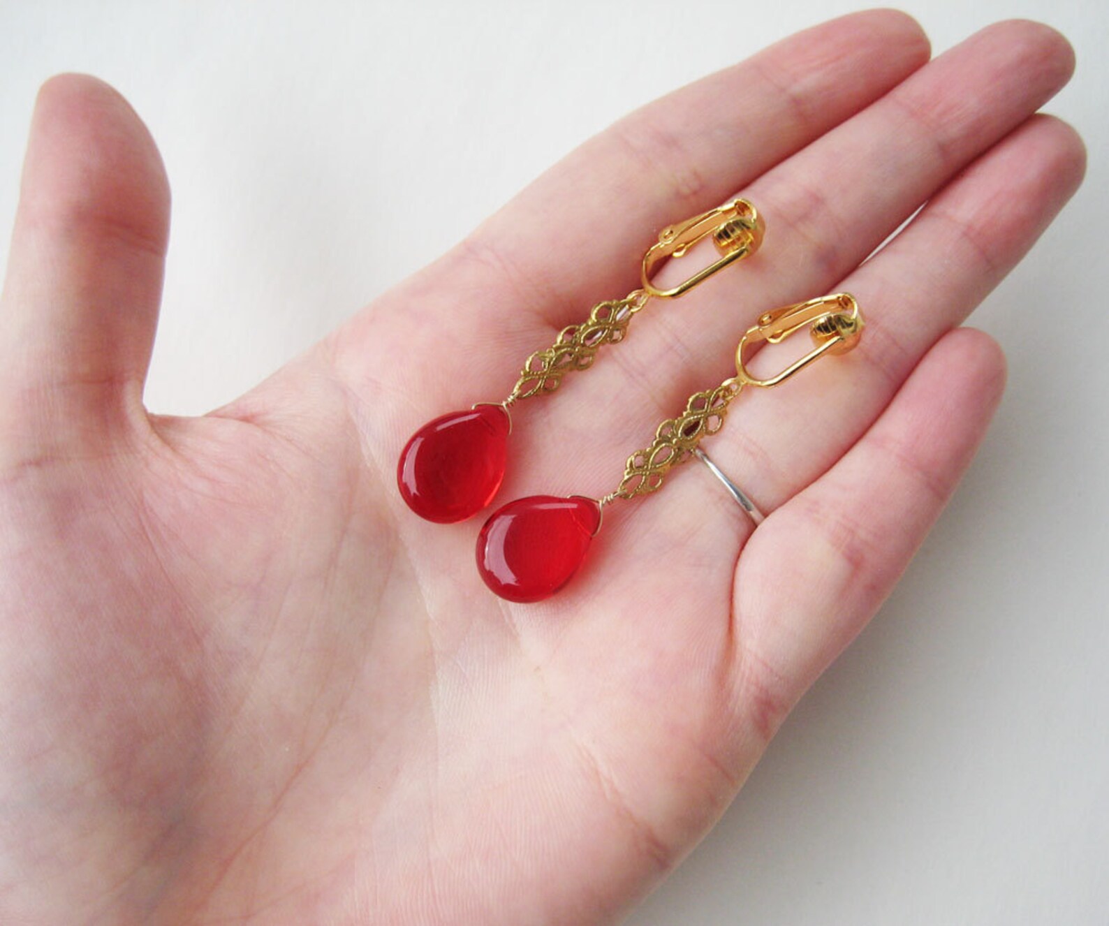 Red Teardrop Clip on Earrings: Brass Filigree, Gold Ear Clips, Fancy ...