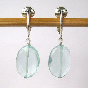 Pale Blue Glass Clip-on Earrings, Light Aqua Faceted Oval Clipons ...