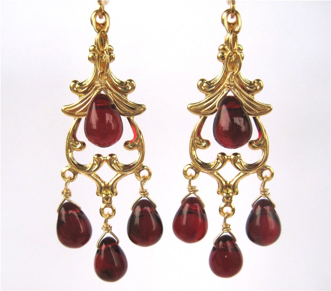 Garnet Red Chandelier Clip on Earrings: Gold-plated Teardrop Dangle ...