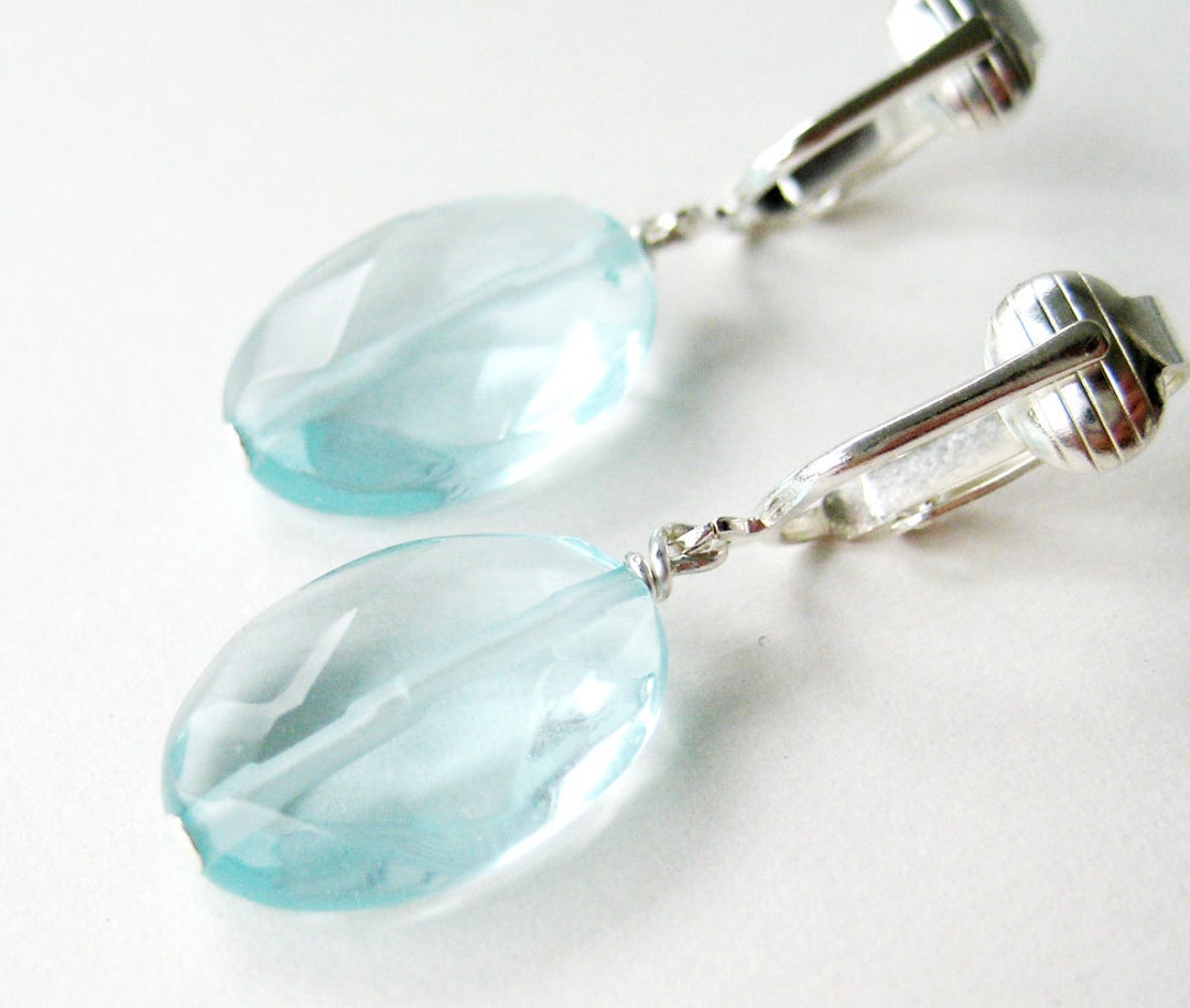 Pale Blue Glass Clip-on Earrings, Light Aqua Faceted Oval Clipons ...